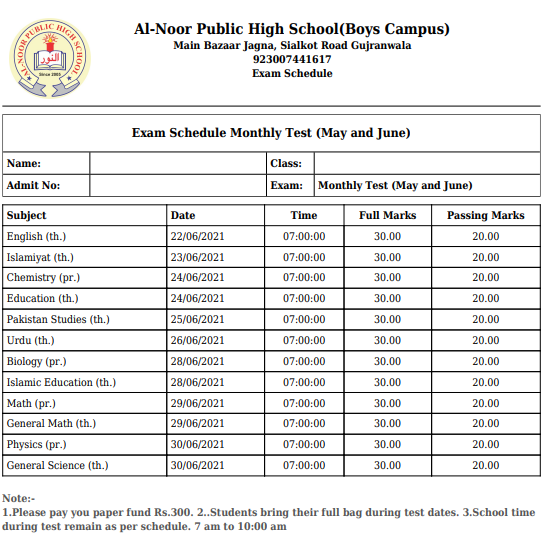 Date Sheet Class 9th